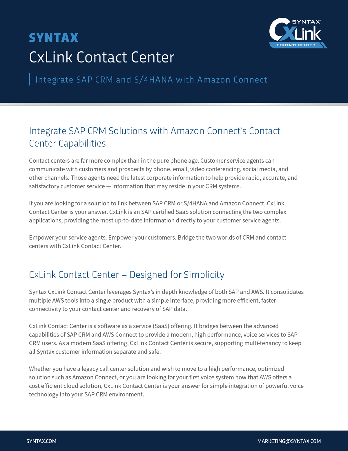 Syntax CxLink Contact Center: Data Sheet